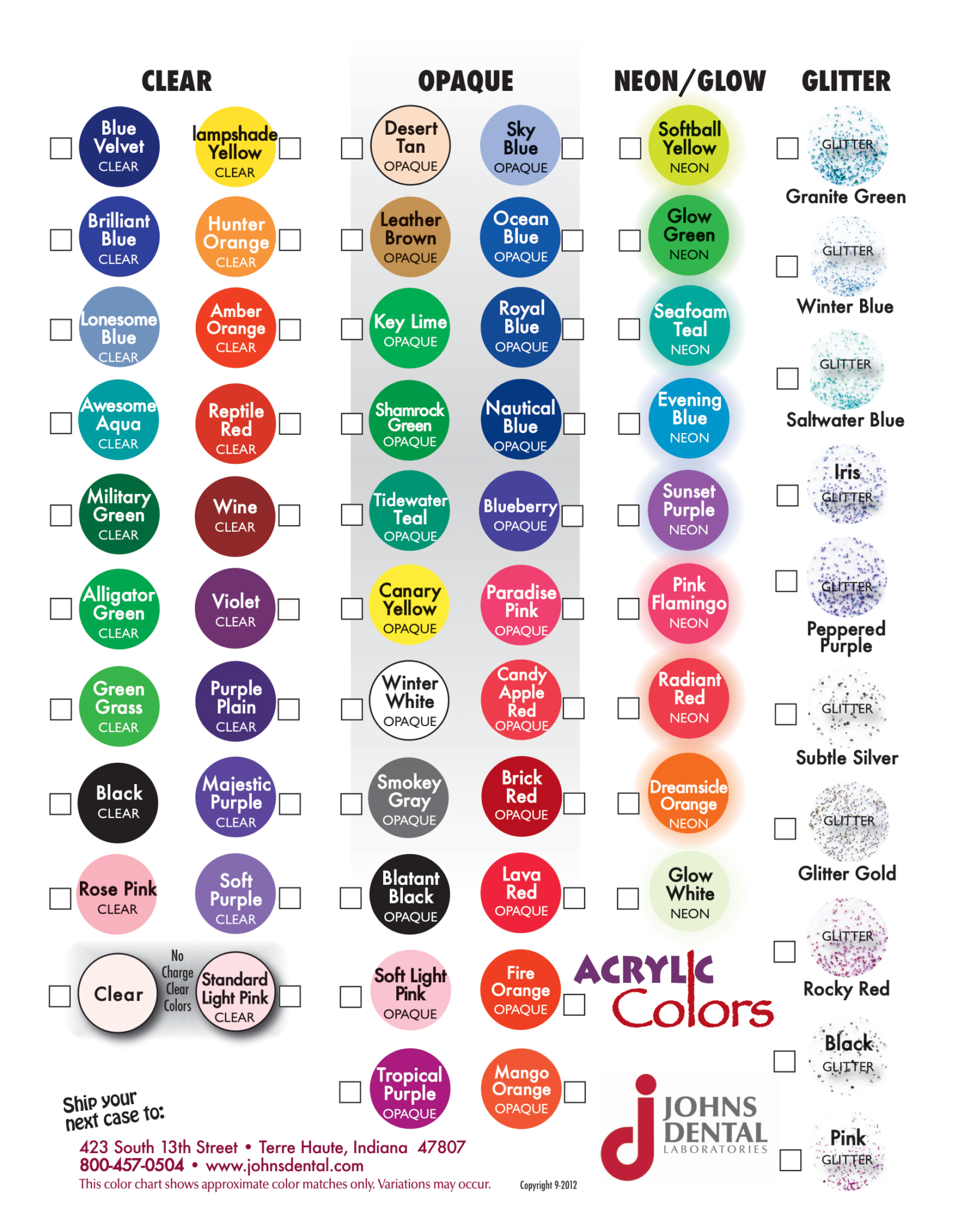 Ortho Color Chart - Johns Dental Lab